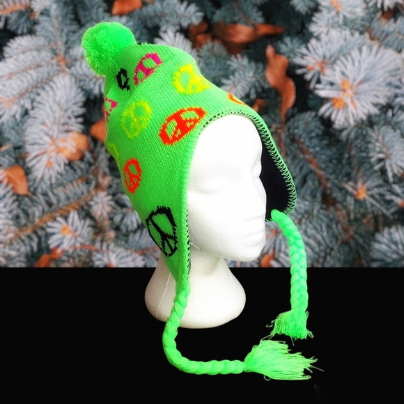 Groovy Glam | Accessories | Groovy Glam Neon Green Peace Sign Knit Ski ...